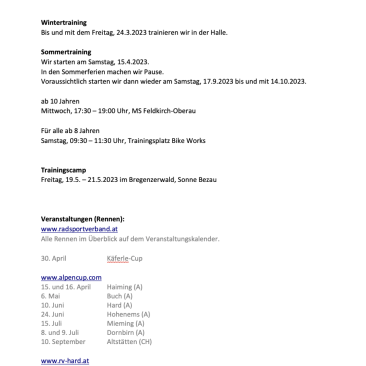 Trainingsplan Kids 2023 – ÖAMTC Team Bike Works Feldkirch